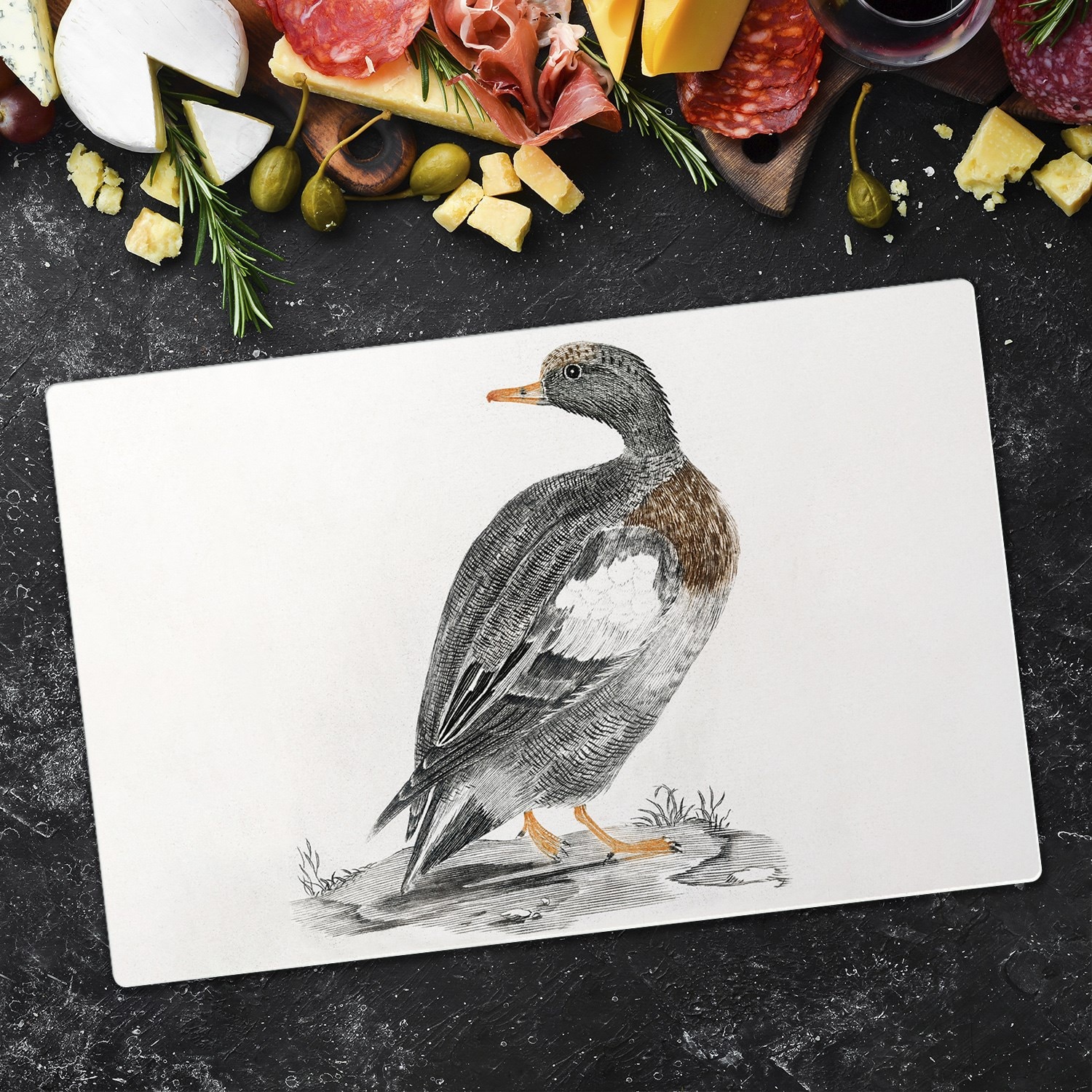 Tocator pe sticla, Dreptunghi, Desen Animale Pasare Rata Arta, Alb, 80 ...