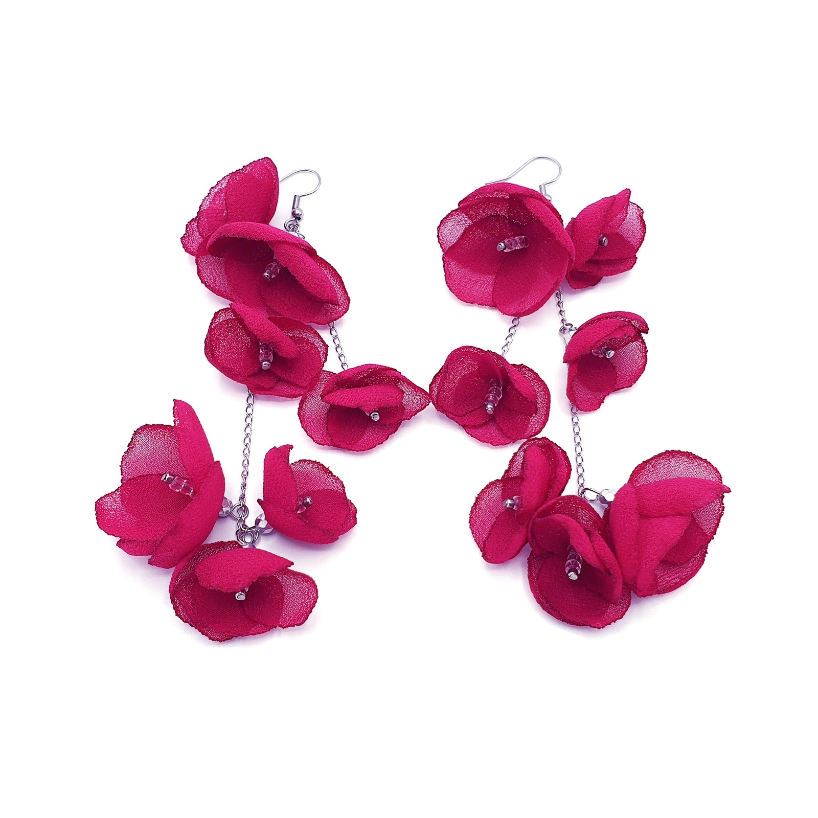 Cercei lungi eleganti, Zia Fashion, Edina, flori din voal, viva magenta ...