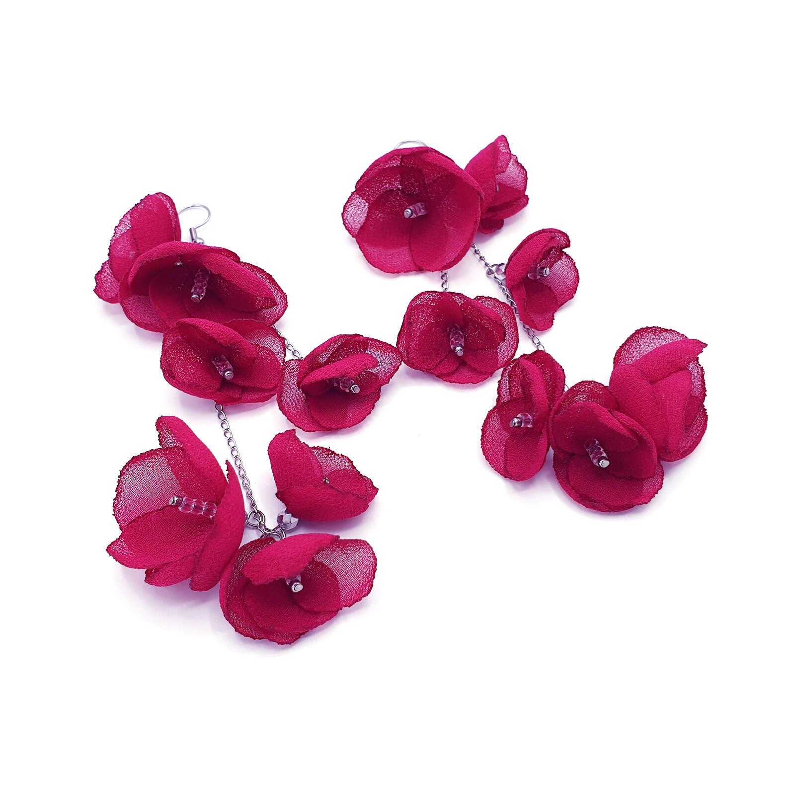 Cercei lungi eleganti, Zia Fashion, Edina, flori din voal, viva magenta ...