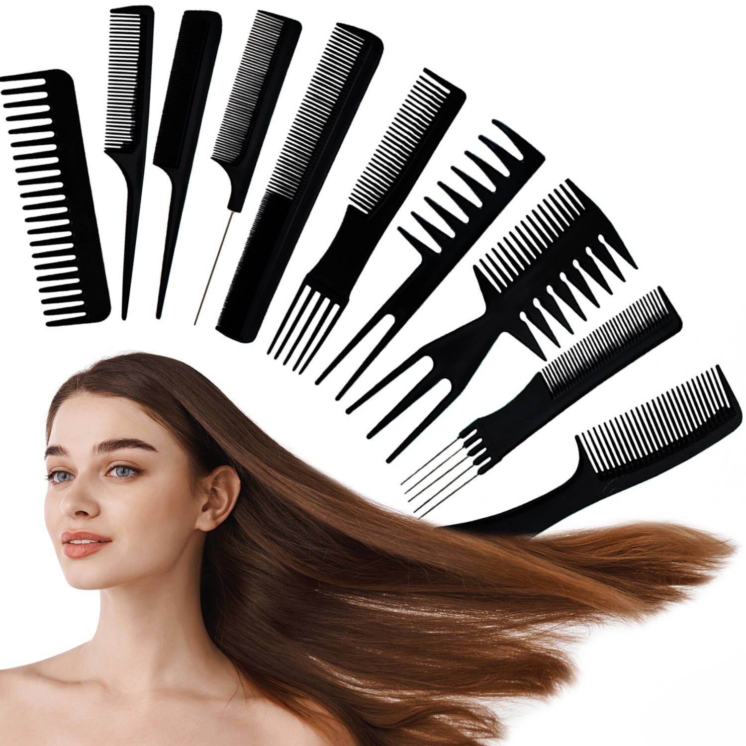 Set 10 piepteni de par LikeSmart, pentru coafura si frizerie, Negru ...