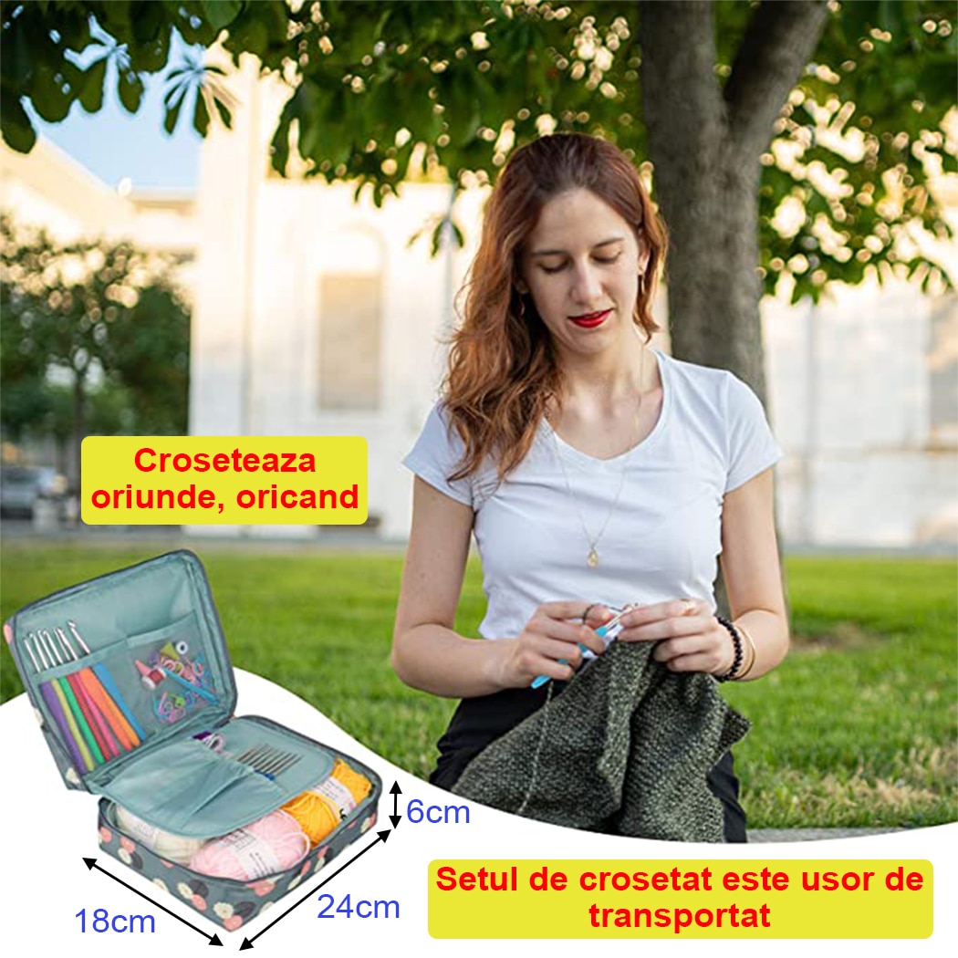 Set de crosetat, cu 68 accesorii pentru tricotat, andrele si crosete ...
