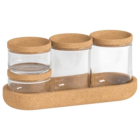 Set 5 buc, Recipiente din sticla cu capac si tava din pluta, 26x10x11cm ...