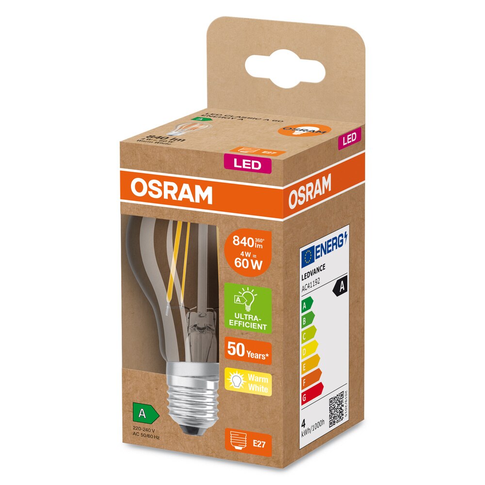 Bec LED filament Osram A60, E27, 4W (60W), 840lm, lumina calda (3000K ...
