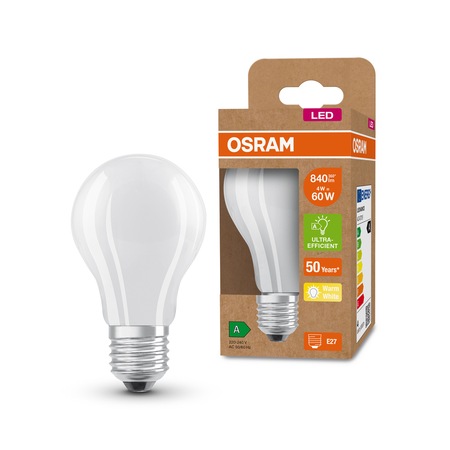 Bec LED Osram Glow Frost A60, E27, 4W (60W), 840lm, lumina calda (3000K), clasa energetica A ...