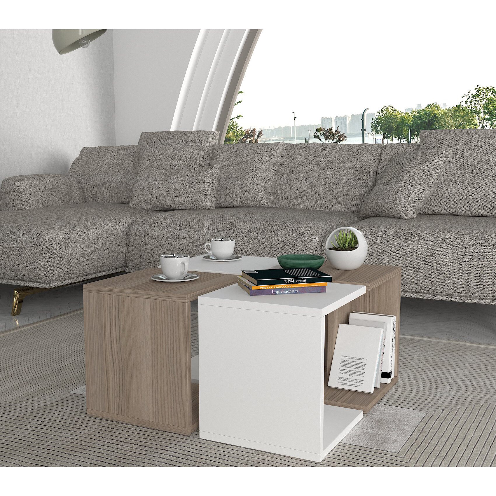 Masuta de Cafea Multifunctionala, UnicUtil, 59 x 31 x 59 cm, Alb si ...