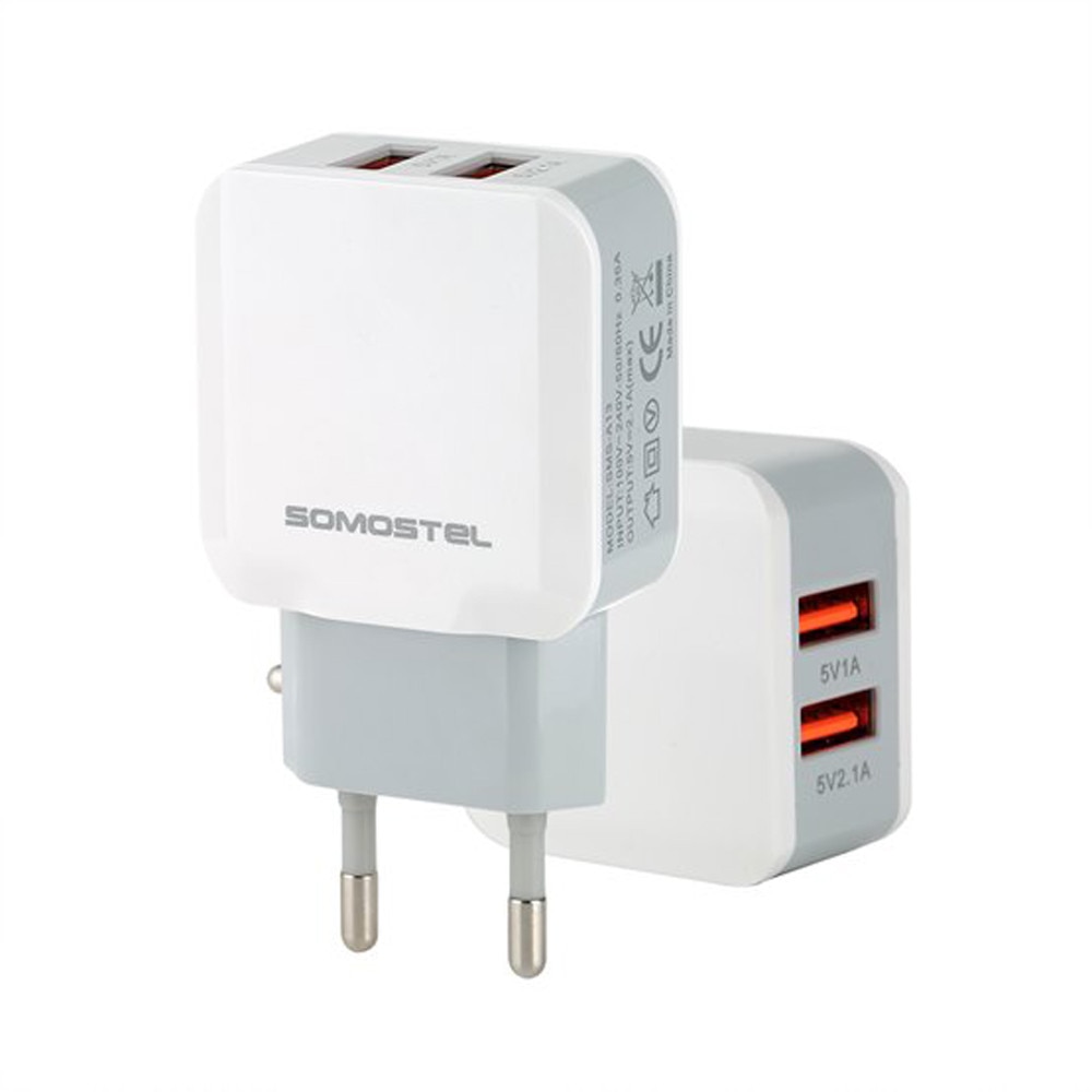 Incarcator retea cu 2 porturi SMS-A13, iesire de 5V 2.1A, alb - eMAG.ro