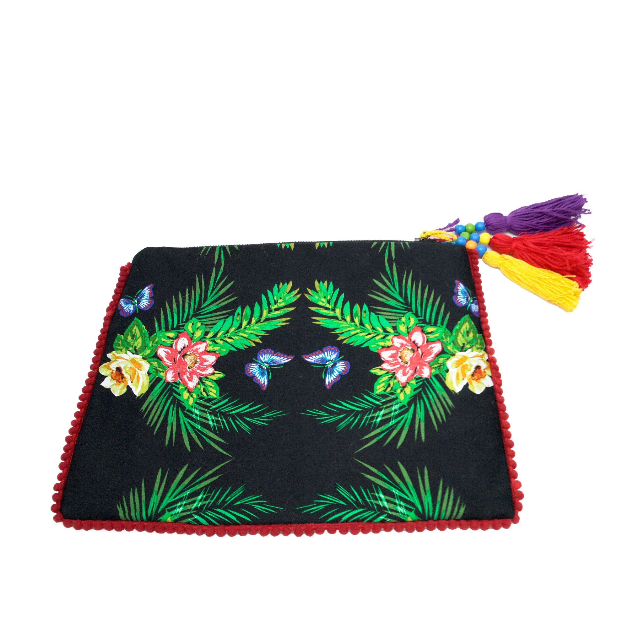 Geanta plic, unicat, lucrata manual, material textil, Fluturi si flori ...