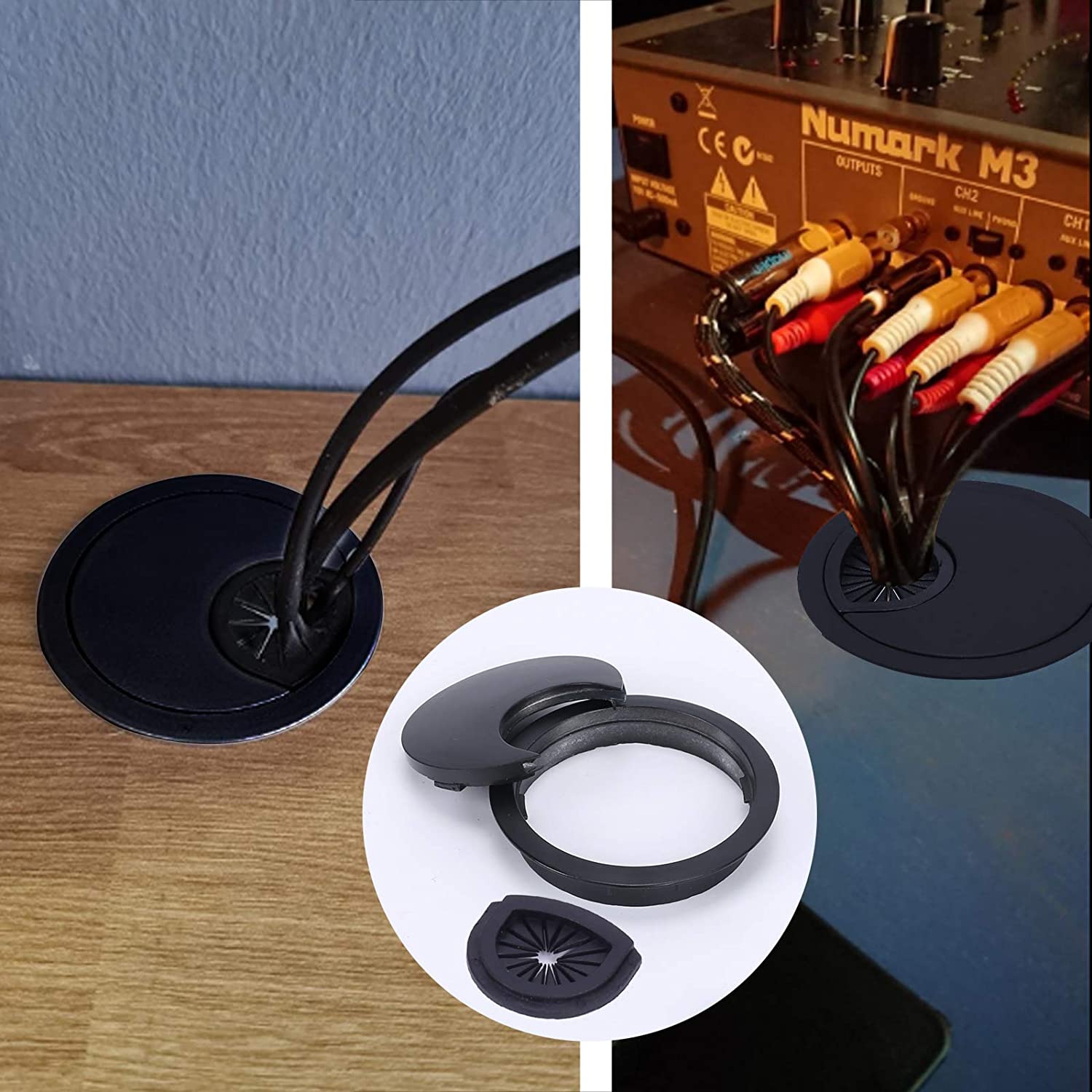 Set 2 organizatoare cabluri incastrate in birou, Plastic, 60 mm, Negru ...