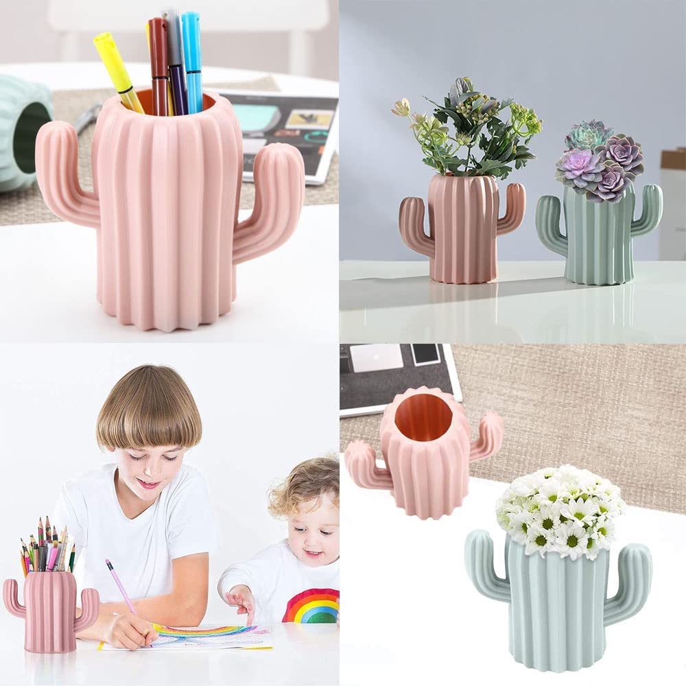 Set 2 suporturi articole birou, Polietilena, Model cactus, Verde/Roz ...