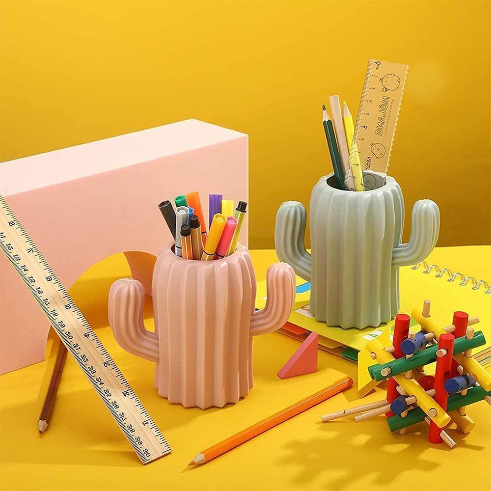 Set 2 suporturi articole birou, Polietilena, Model cactus, Verde/Roz ...