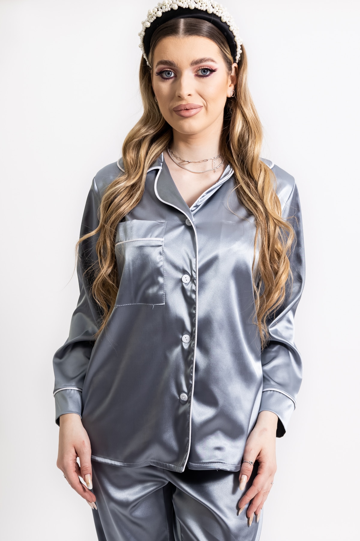 Set pijama dama din satin, 2 piese, Anemona, gri, M - eMAG.ro