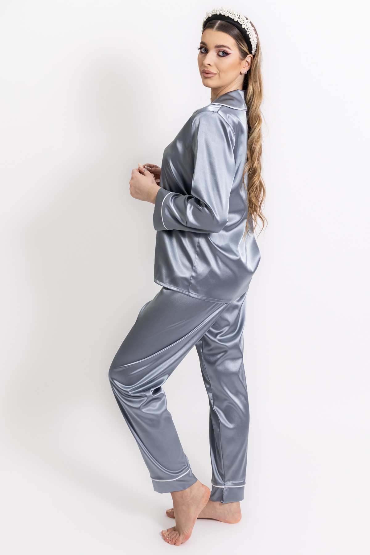 Set pijama dama din satin, 2 piese, Anemona, gri, M - eMAG.ro