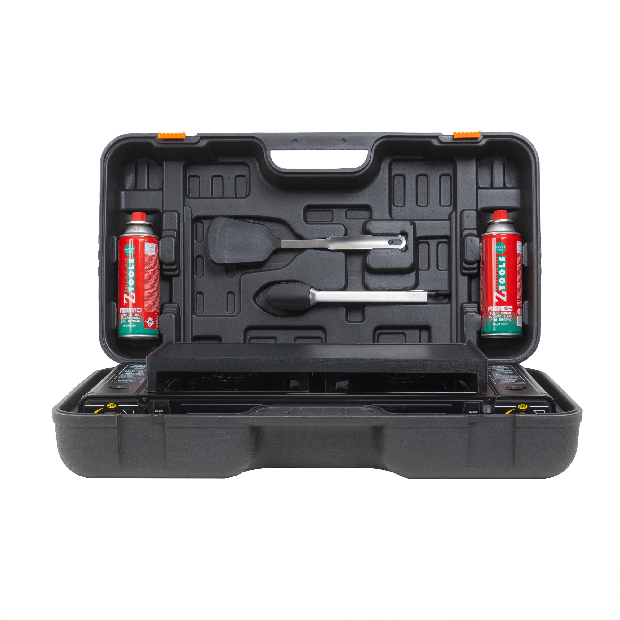 Pachet aragaz camping cu 2 ochiuri, aprindere electrica, putere 2x2.3kw ...