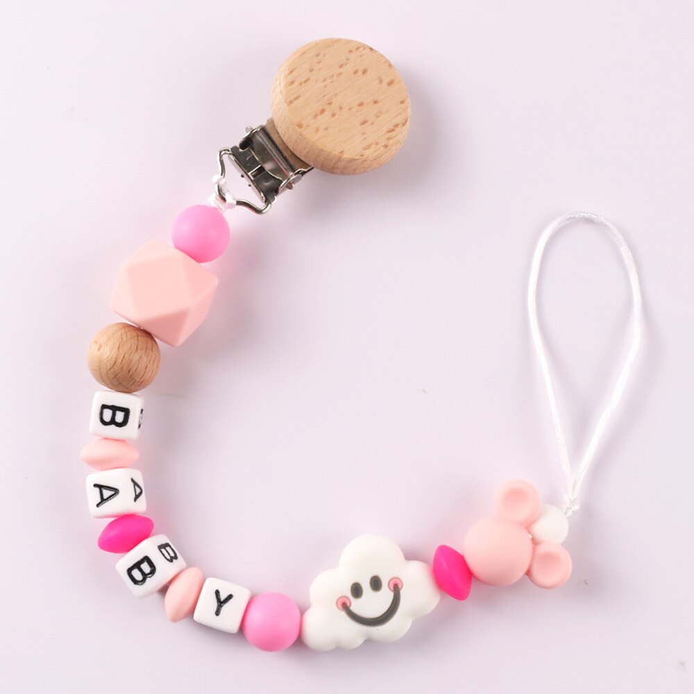 Lant suzeta bebelusi, YHJ, din silicon si lemn, cu clips, Multicolor ...