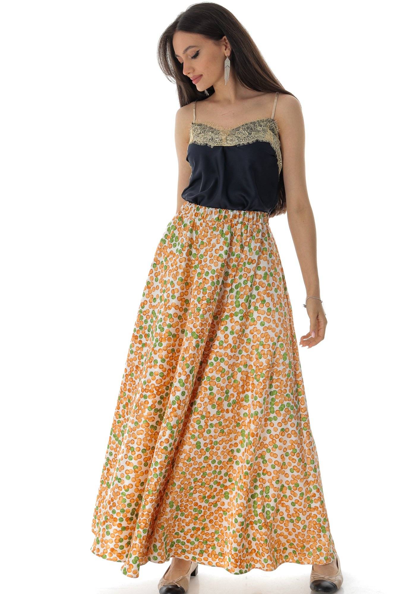 Fusta maxi Roh FR525 Portocaliu din satin, cu buzunare, S-M - eMAG.ro