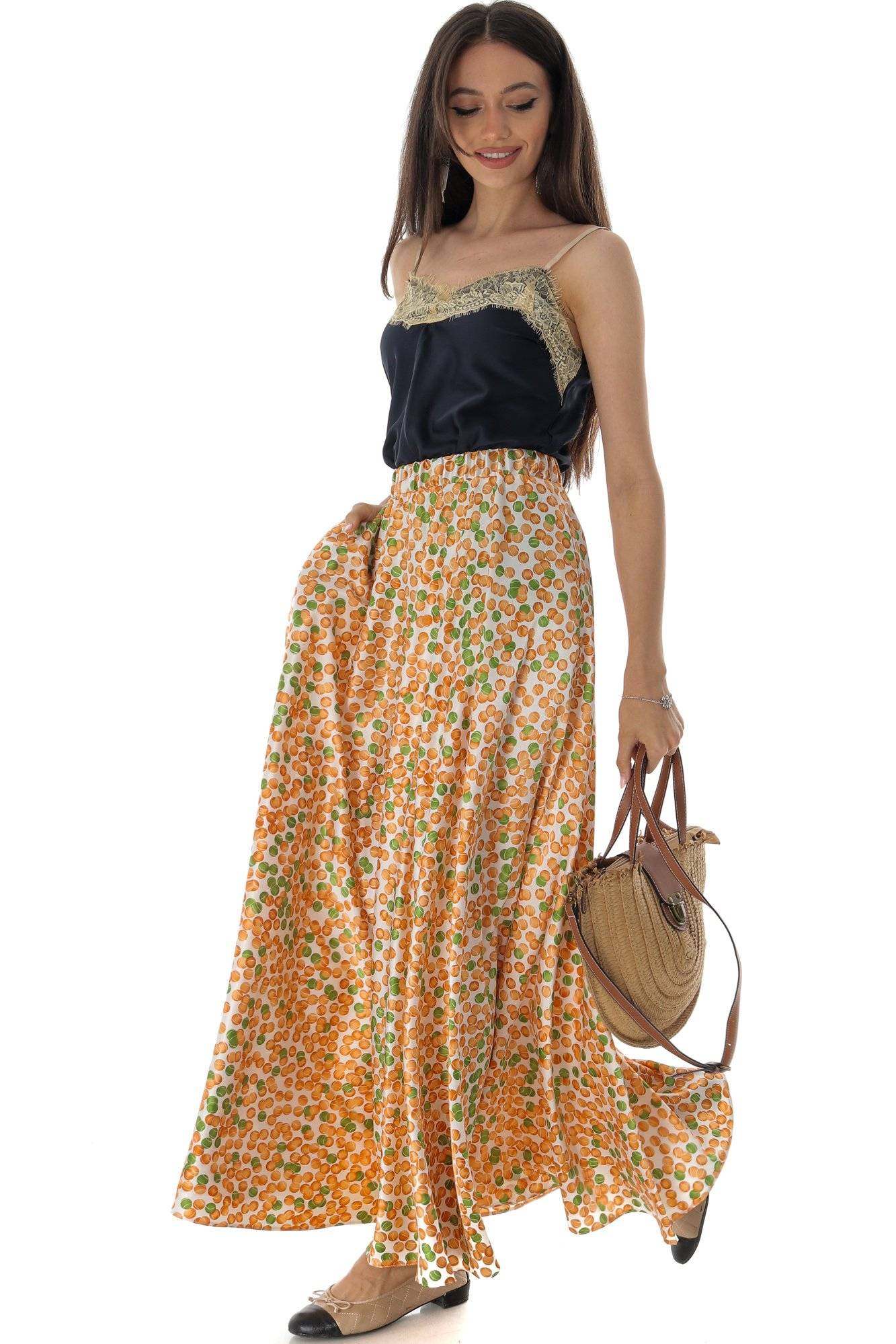 Fusta maxi Roh FR525 Portocaliu din satin, cu buzunare, S-M - eMAG.ro