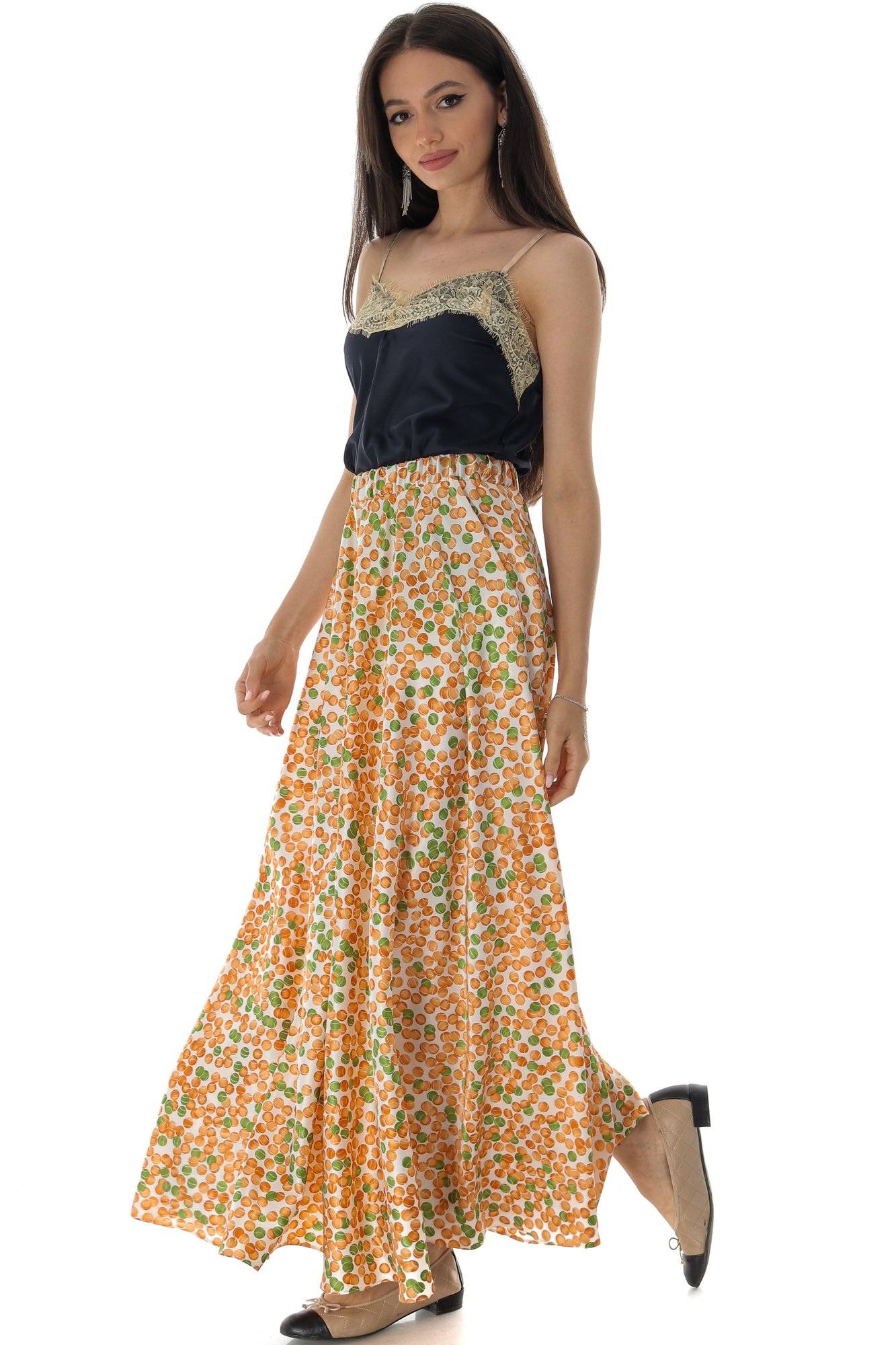 Fusta maxi Roh FR525 Portocaliu din satin, cu buzunare, S-M - eMAG.ro