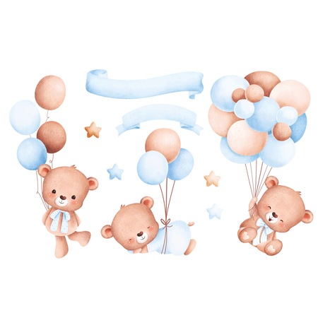 Sticker decorativ perete copii, ursuleti cu baloane, rezistent la ...
