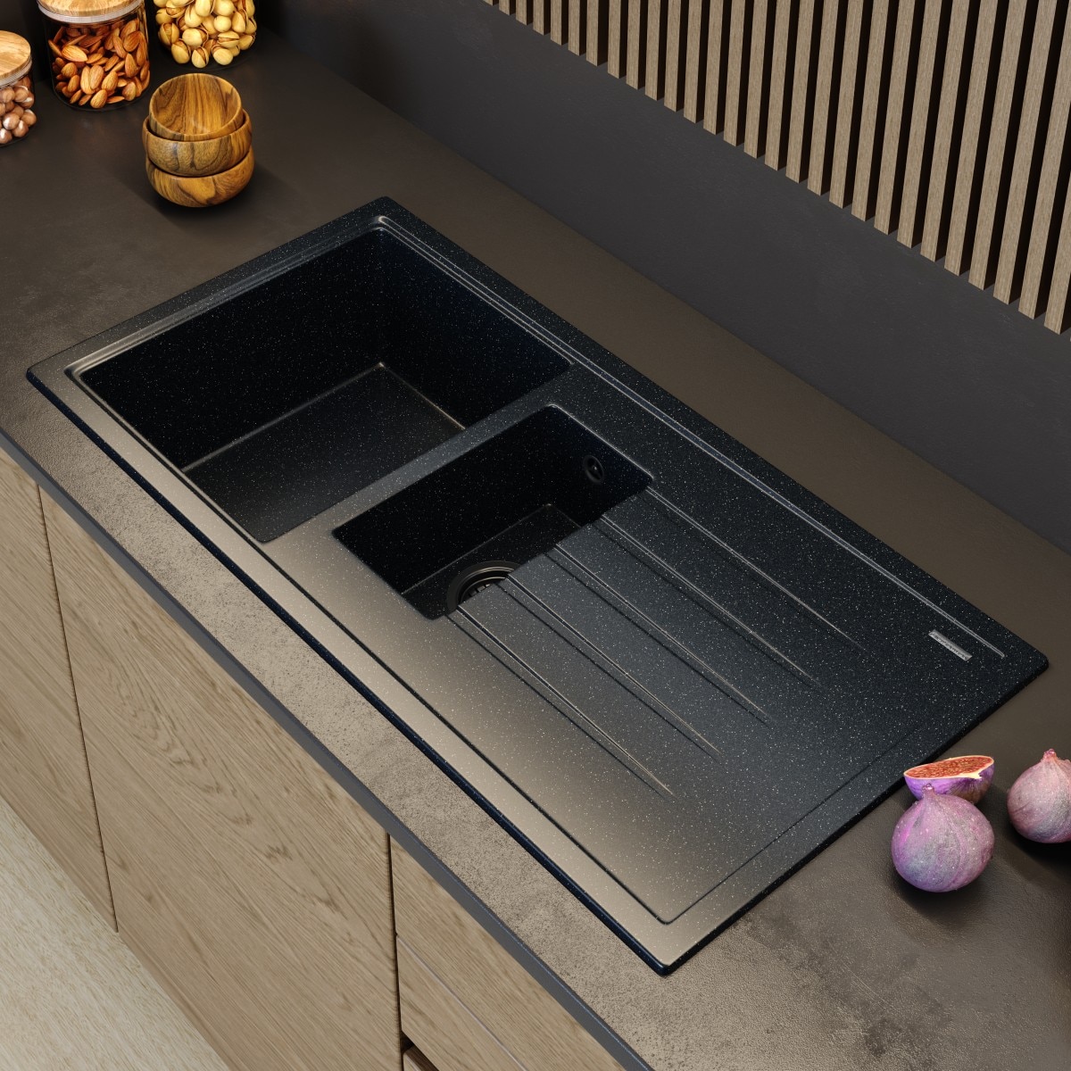 Set chiuveta dubla bucatarie si sifon, Granitan, Granit, 35mm, Negru ...