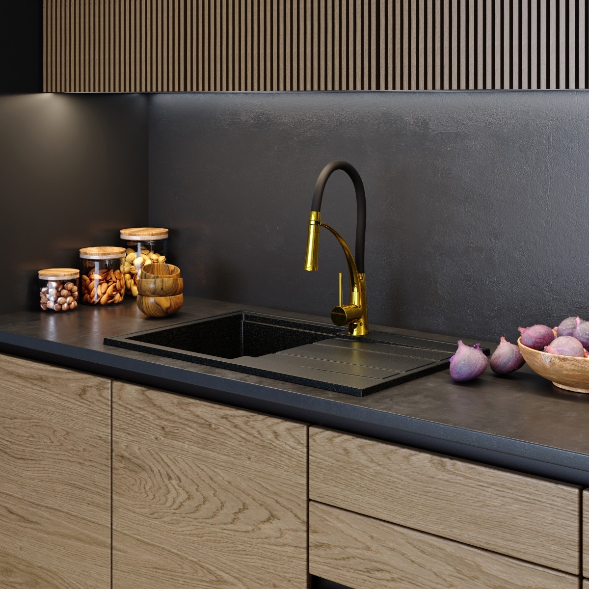 Set chiuveta bucatarie si sifon, Granitan, Granit, 35mm, Negru/Auriu ...