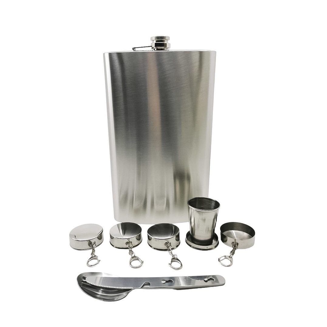 Set plosca cu 4 pahare pliabile si 3 tacamuri, din inox, capacitate 1.9 ...