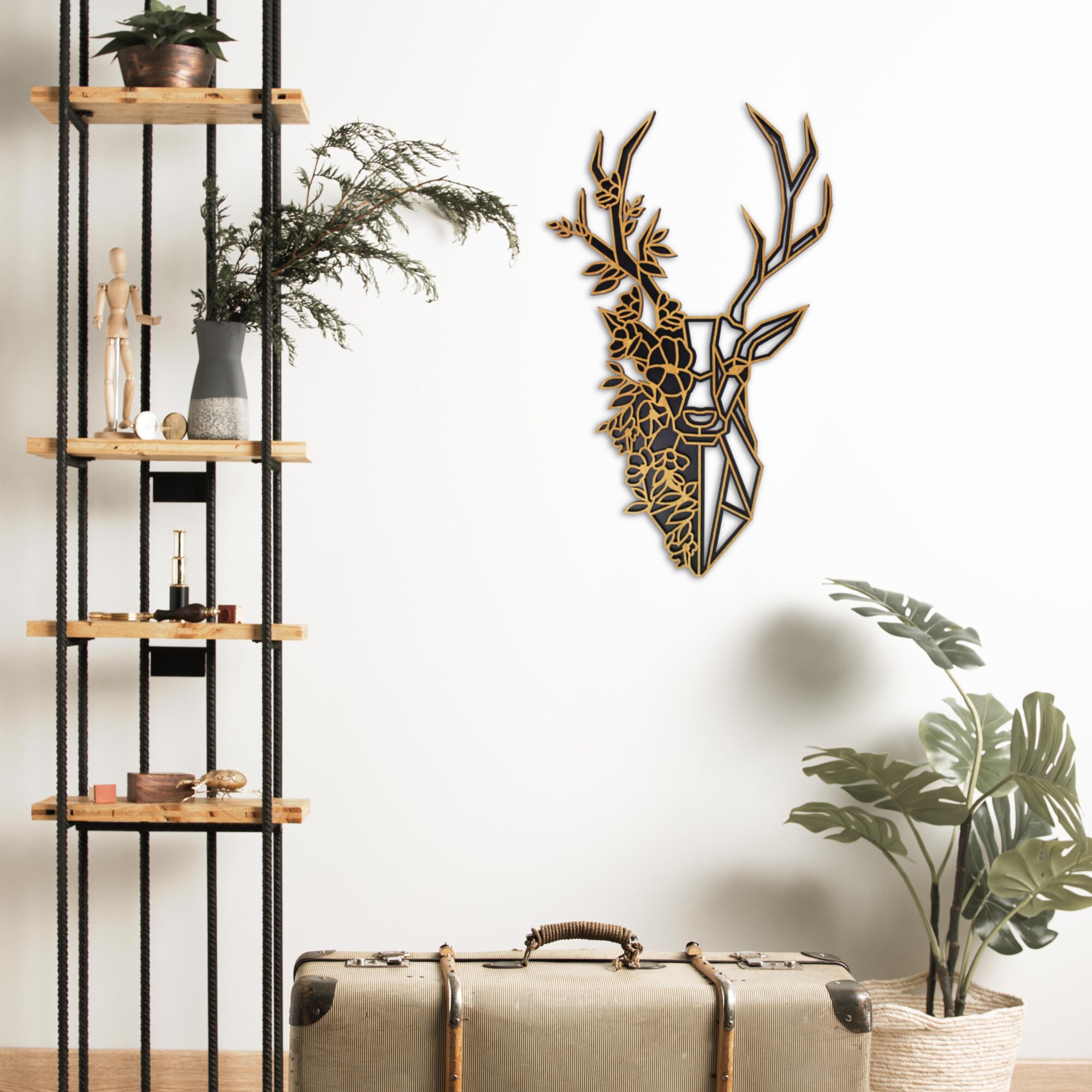 Decor perete din lemn, Design Cerb si Flori, 50 x 30 cm, Negru si Nuc ...