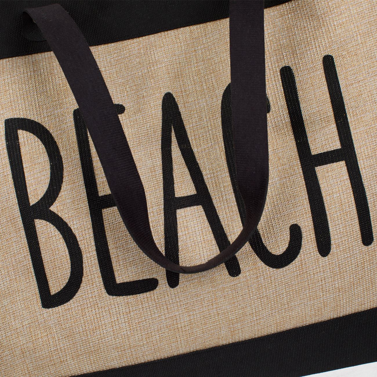 Geanta de plaja, bej/neagra, cu text "Beach", iuta/poliester, 55x12x34 ...