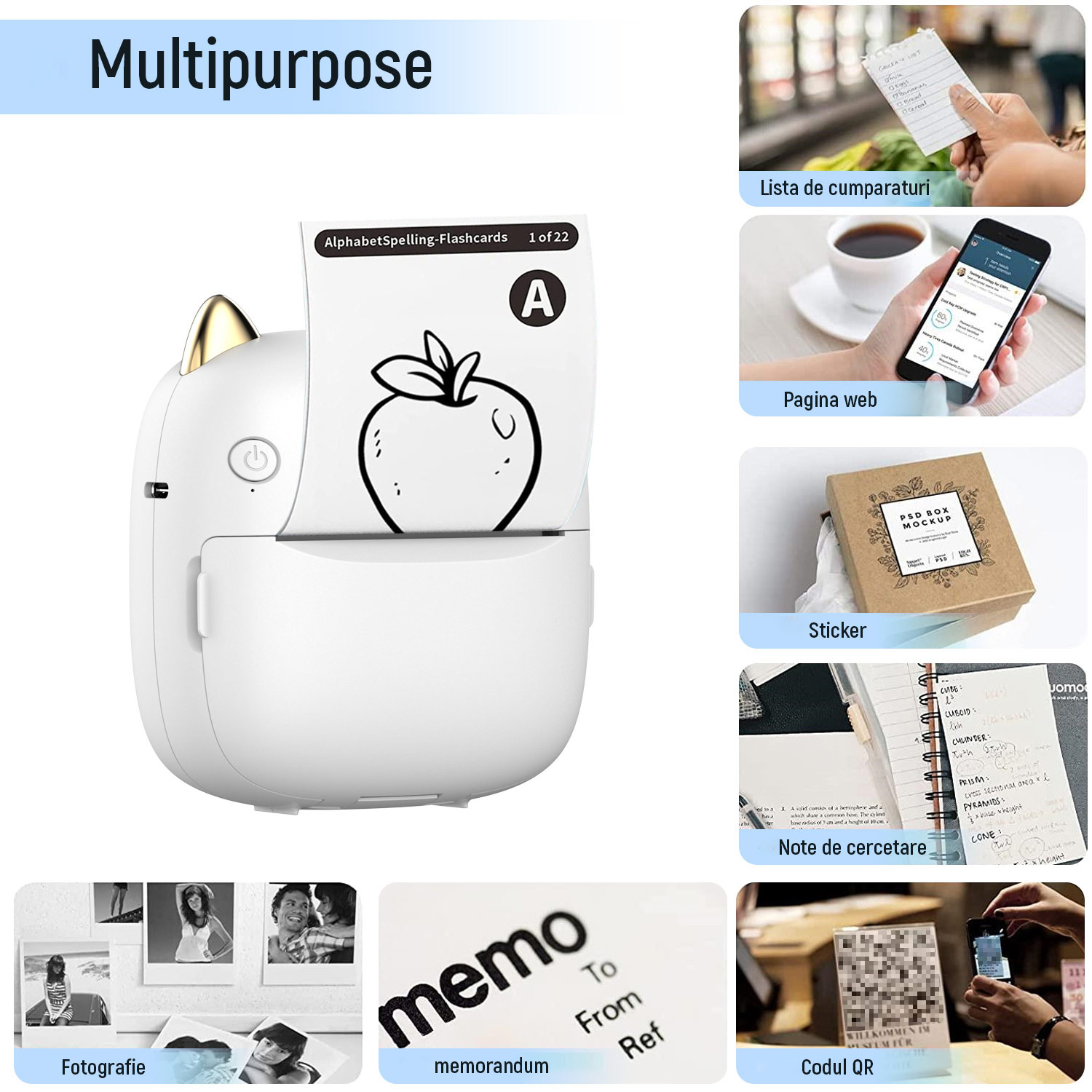 Set Mini imprimanta termica Wireless, cu 10 role hartie, 57x25mm, 1200 ...