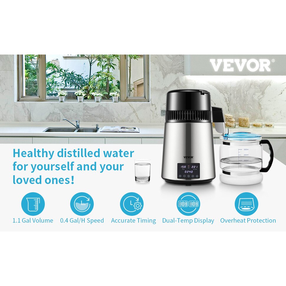 Distilator de apa, Vevor, 1,5 l/h, Capacitate 4 l, 1750 W, Negru ...