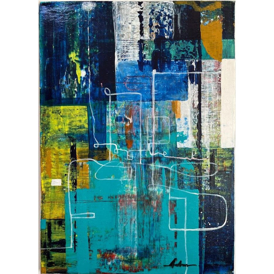 Tablou abstract pictat manual in acrilic pe panza, Dimensiuni 70x50 ...