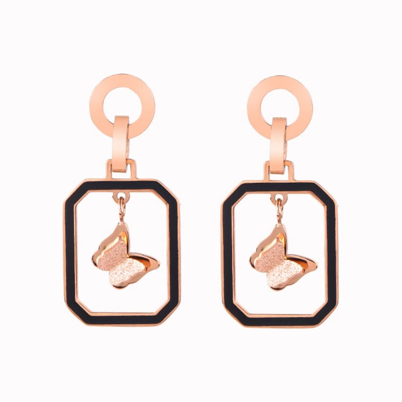 Cercei patrati dangle cu pandantiv fluture, roz aurii din otel ...