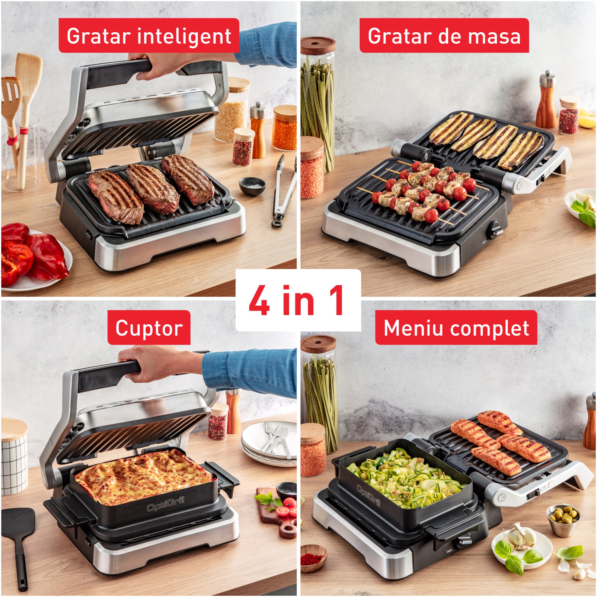 Gratar electric Tefal OptiGrill 4 in 1 GC774D30, 2100W, 9 programe de ...