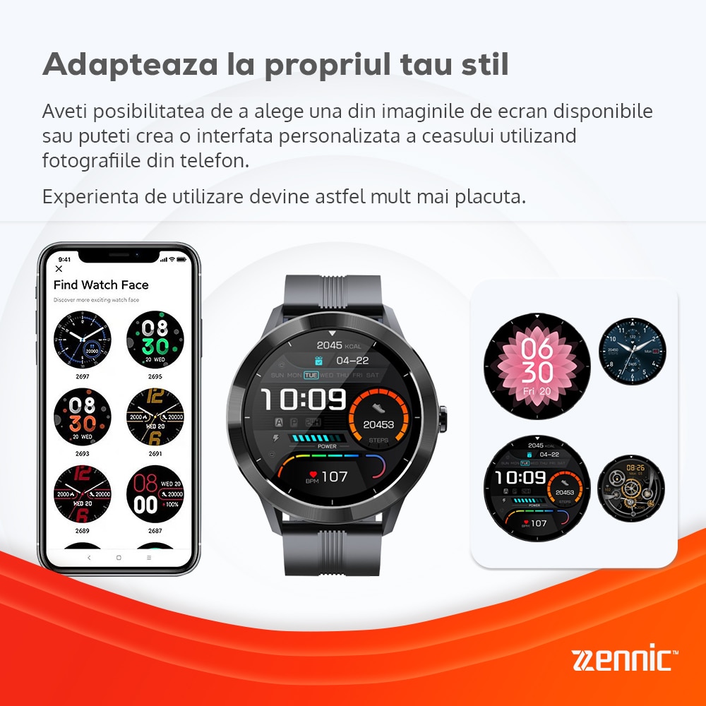 Ceas Smartwatch si Bratara Fitness 2in1, Zennic® GloryFit, Full Touch ...