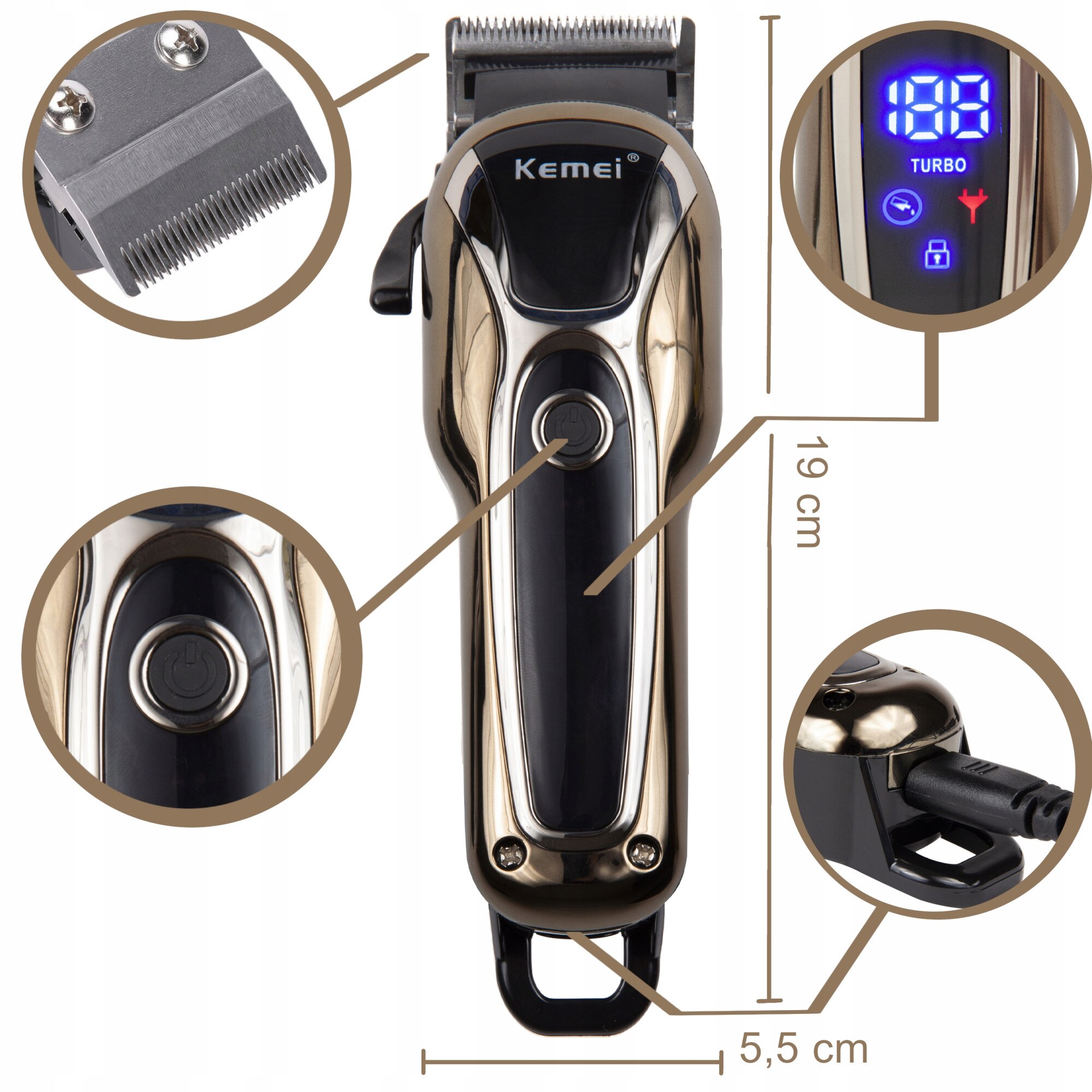 Masina de tuns, Kemei, Otel, USB, Negru/Auriu - eMAG.ro