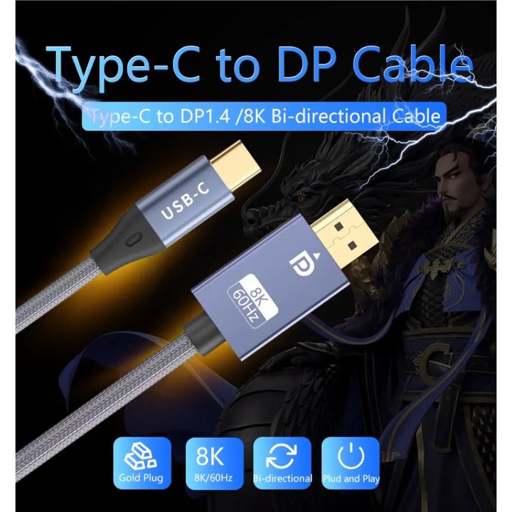 Cablu USB C - DisplayPort DP 1.4, 8K Bi-Directional DisplayPort to USB ...