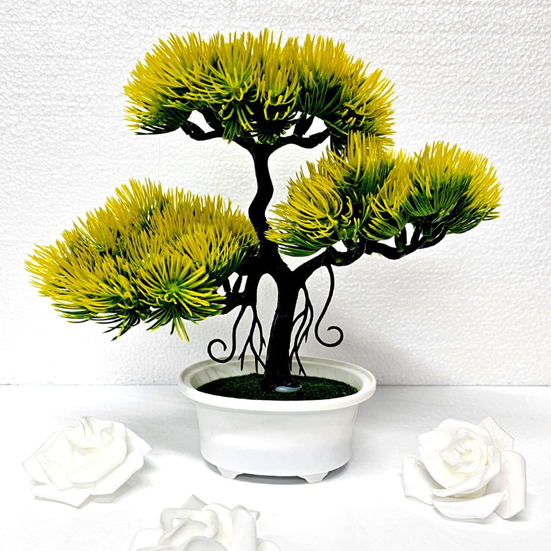 Bonsai decorativ artificial, colorat, in ghiveci miniatural, Pin Desire, Galben, Inaltime 25 cm ...