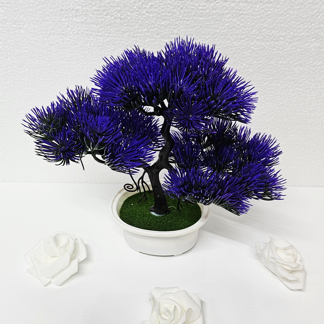 Bonsai decorativ artificial, colorat, in ghiveci miniatural, Pin Desire, Albastru, Inaltime 25 ...
