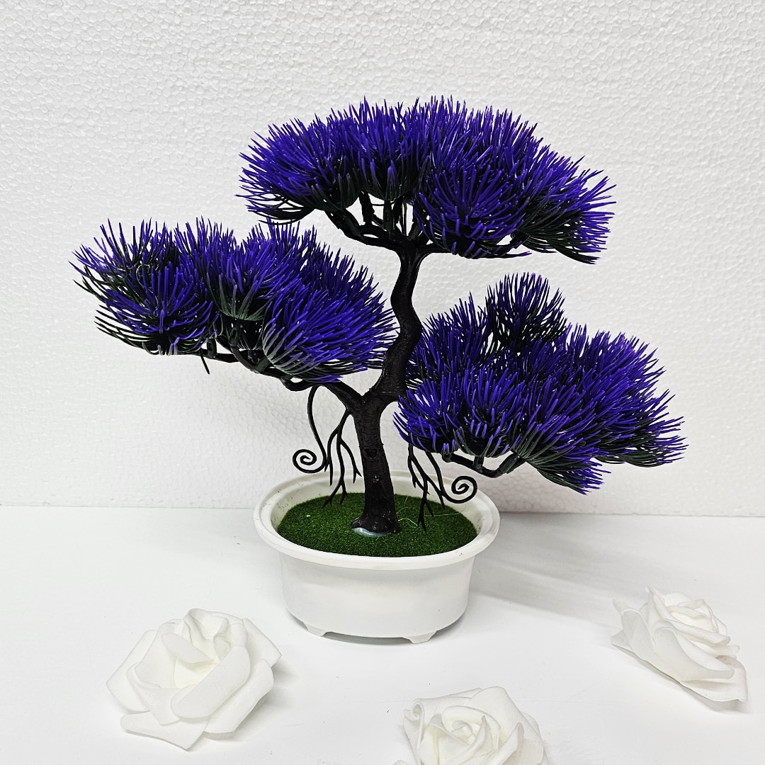 Bonsai decorativ artificial, colorat, in ghiveci miniatural, Pin Desire, Albastru, Inaltime 25 ...