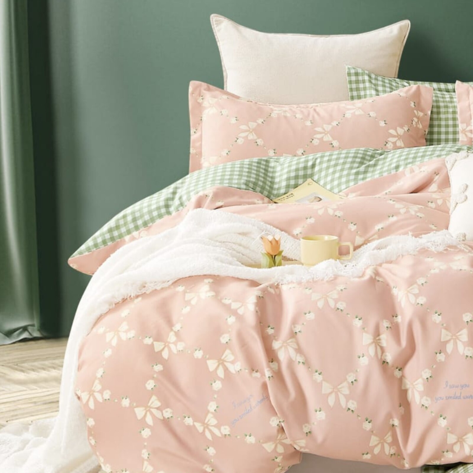 Lenjerie de pat dublu 2 persoane, 6 piese, bumbac, 230 x 200 cm, Roz ...