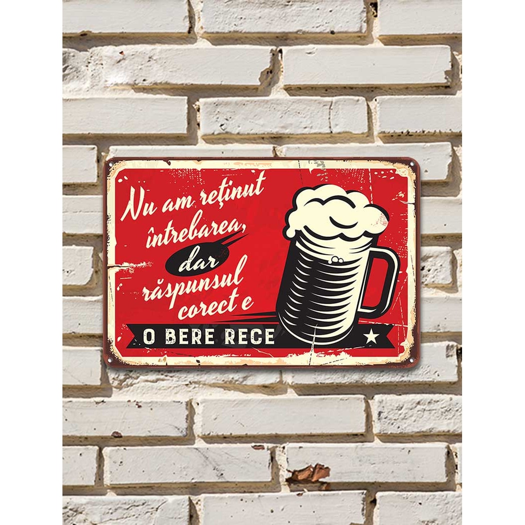 Placa metal decor, Raspunsul corect e o bere rece, 30x20 cm - eMAG.ro