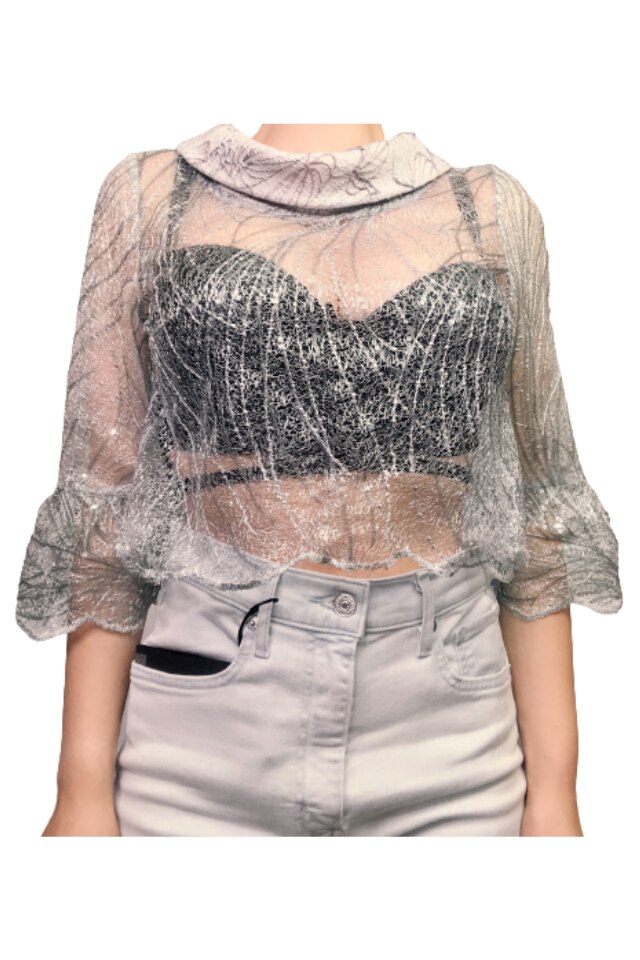 Top dama de ocazie, asimetric, gri, transparent, cu paiete argintii ...