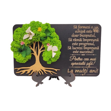 Tablou cu licheni gravat cu mesaj pentru sefa, 20x13 cm, Lemn, Model 2 ...