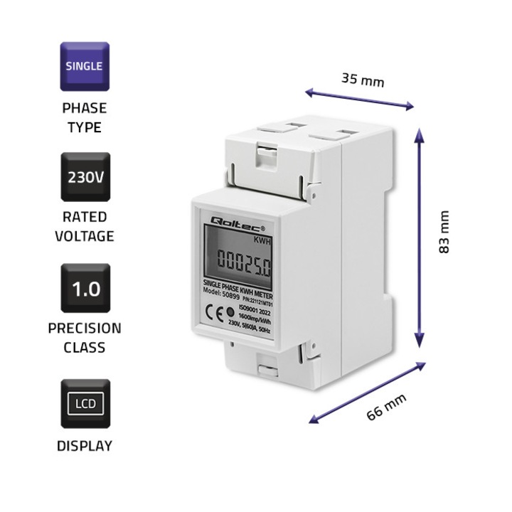 Contor electronic monofazat de energie Qoltec, sina DIN, 230V, LCD, 2P - eMAG.ro