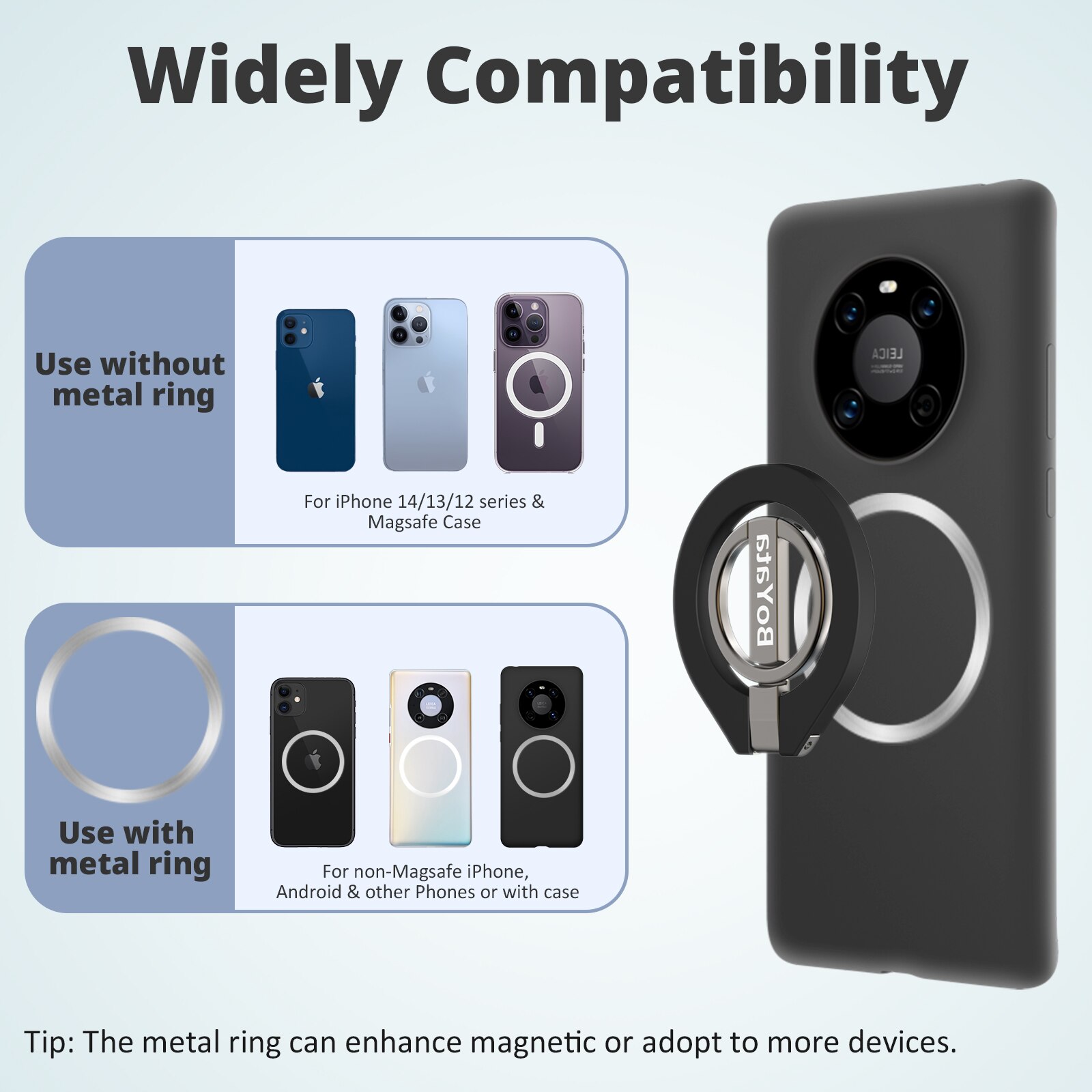 Suport inel pentru telefon, BoYata, magnetic, rotativ, compatibil ...