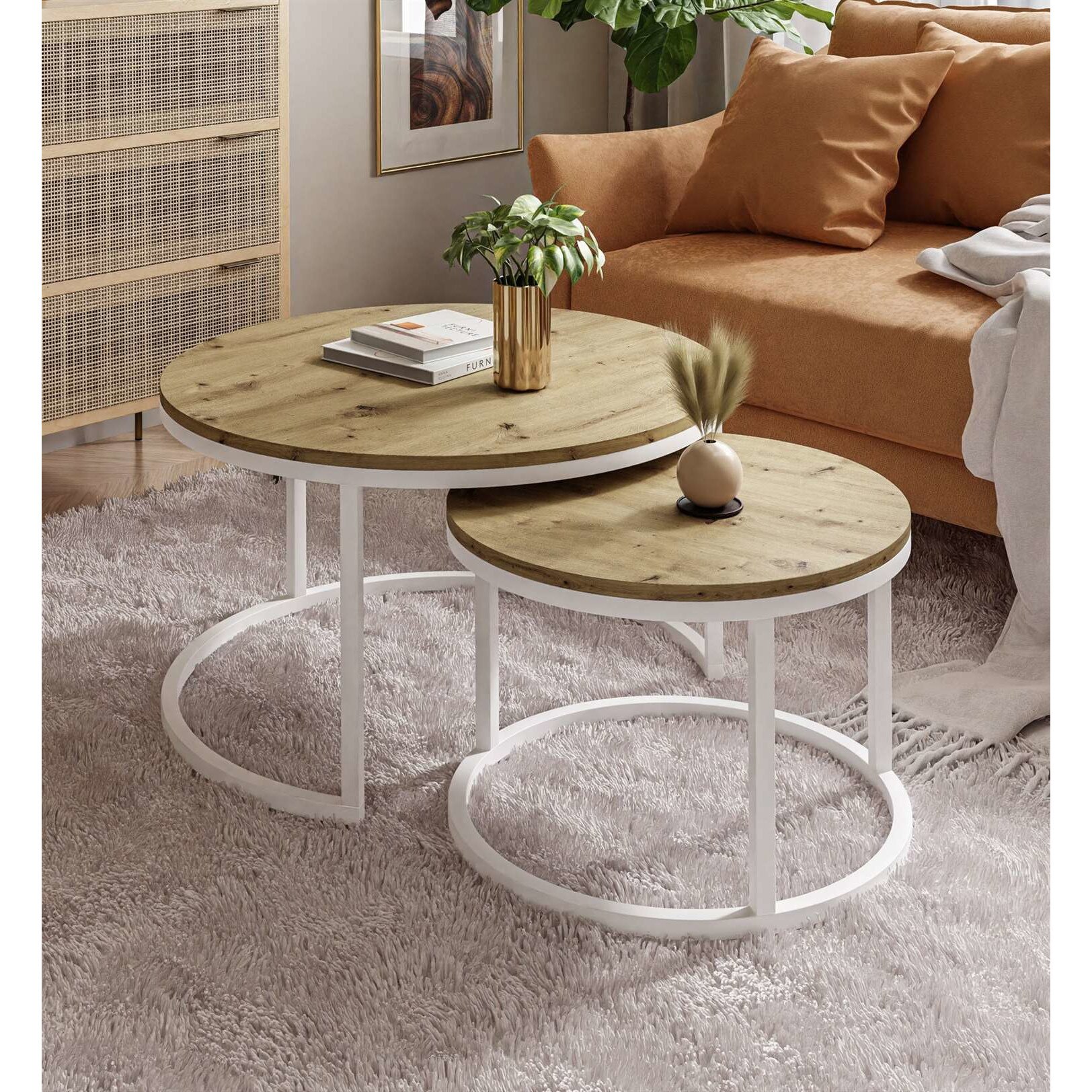 Masa de cafea rotunda CIRI 2in1, Lukmebel, Alb/ Stejar Artisan, Mare ...
