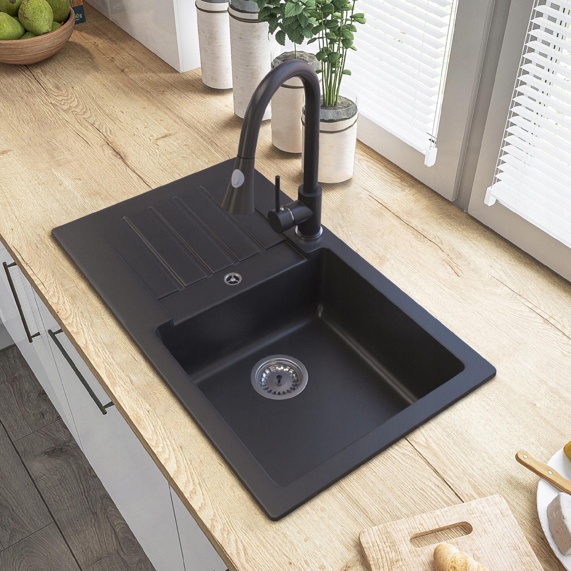 Set chiuveta cu baterie Snake si sifon, Granitan, Model Trix, Granit ...