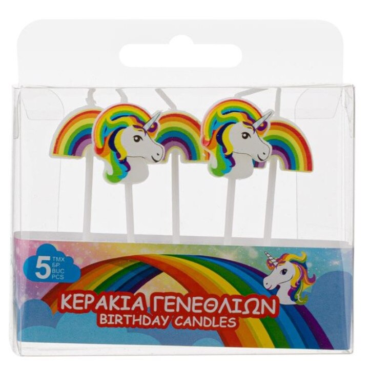 Set 5 lumanari de tort model unicorni si curcubeu, multicolor, 2x4 cm ...