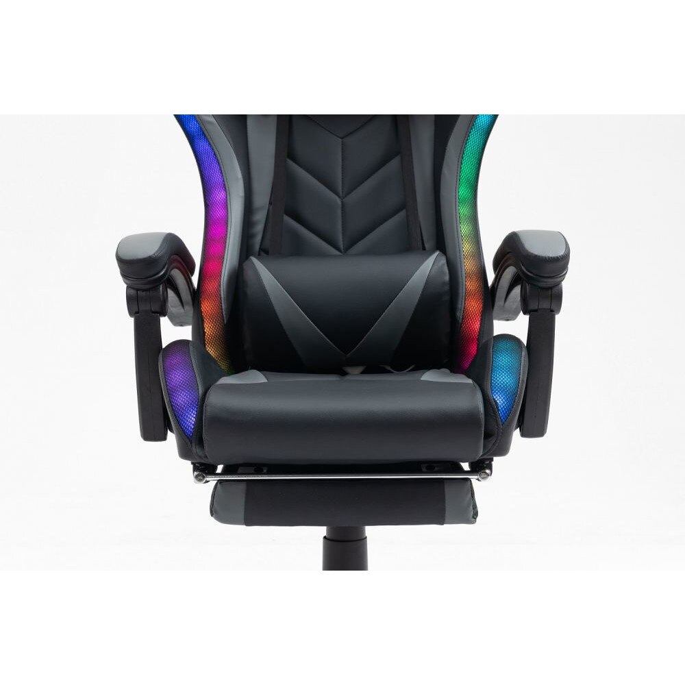 Scaun gaming, sistem iluminare banda LED RGB, masaj in perna lombara ...