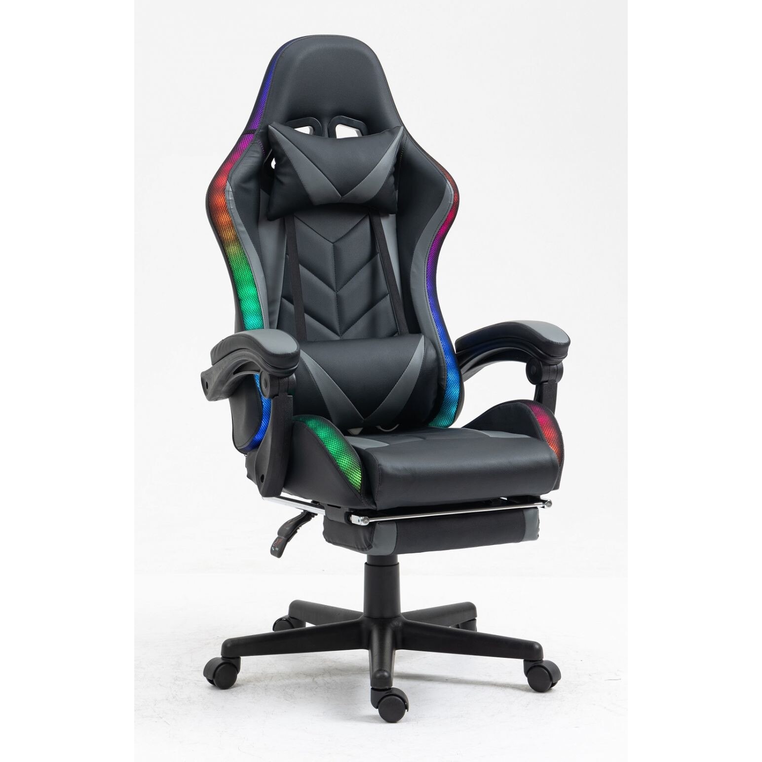 Scaun gaming, sistem iluminare banda LED RGB, masaj in perna lombara ...