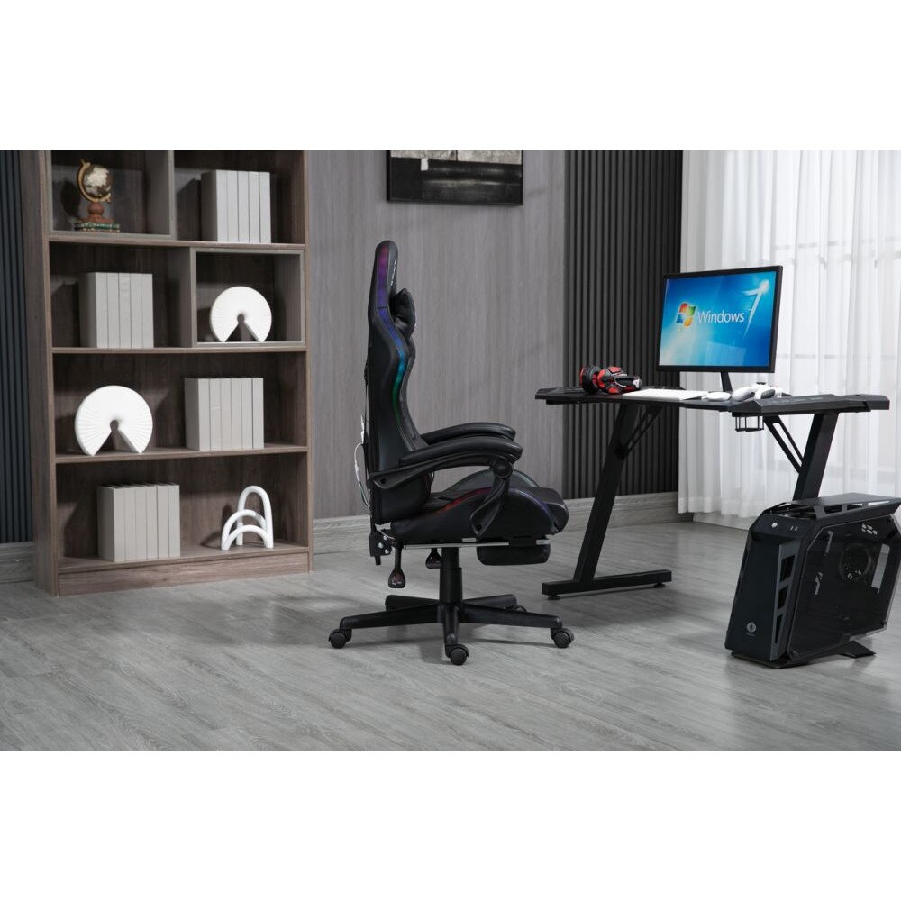 Scaun gaming, sistem iluminare banda LED-RGB, masaj in perna lombara ...